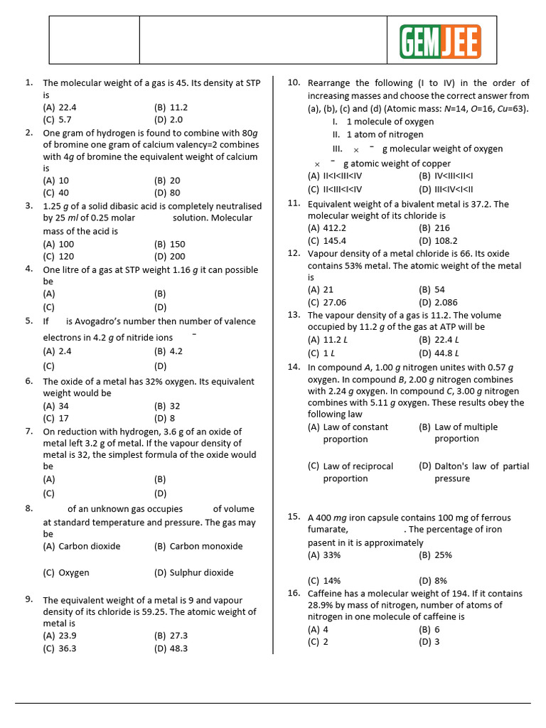 2348-11th Chem c1 Some Basic Concepts Ws I (6) - 1 | PDF