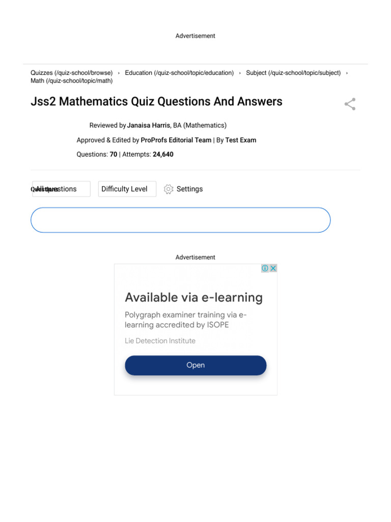 JSS2 Mathematics Quiz Questions and Answers - Trivia & Questions | PDF