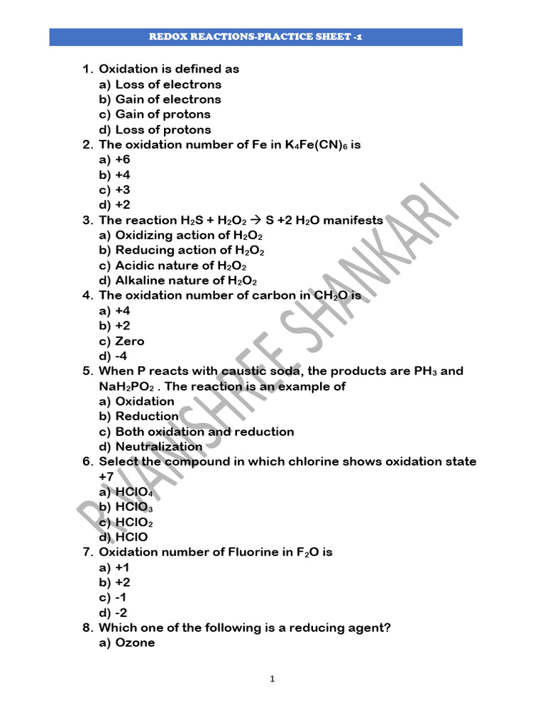 Xi-Redox Objective-Practice Paper 1 | PDF