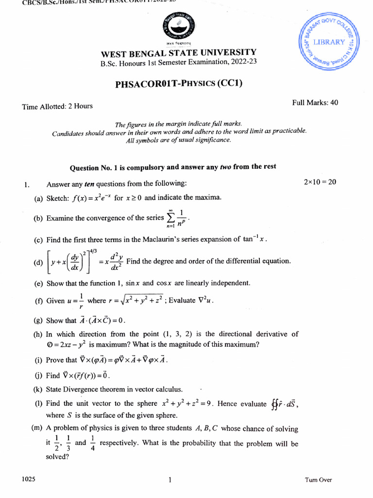 Physics (Hons) Question (WBSU) SEM1 PHSA 2018-23 Library | PDF