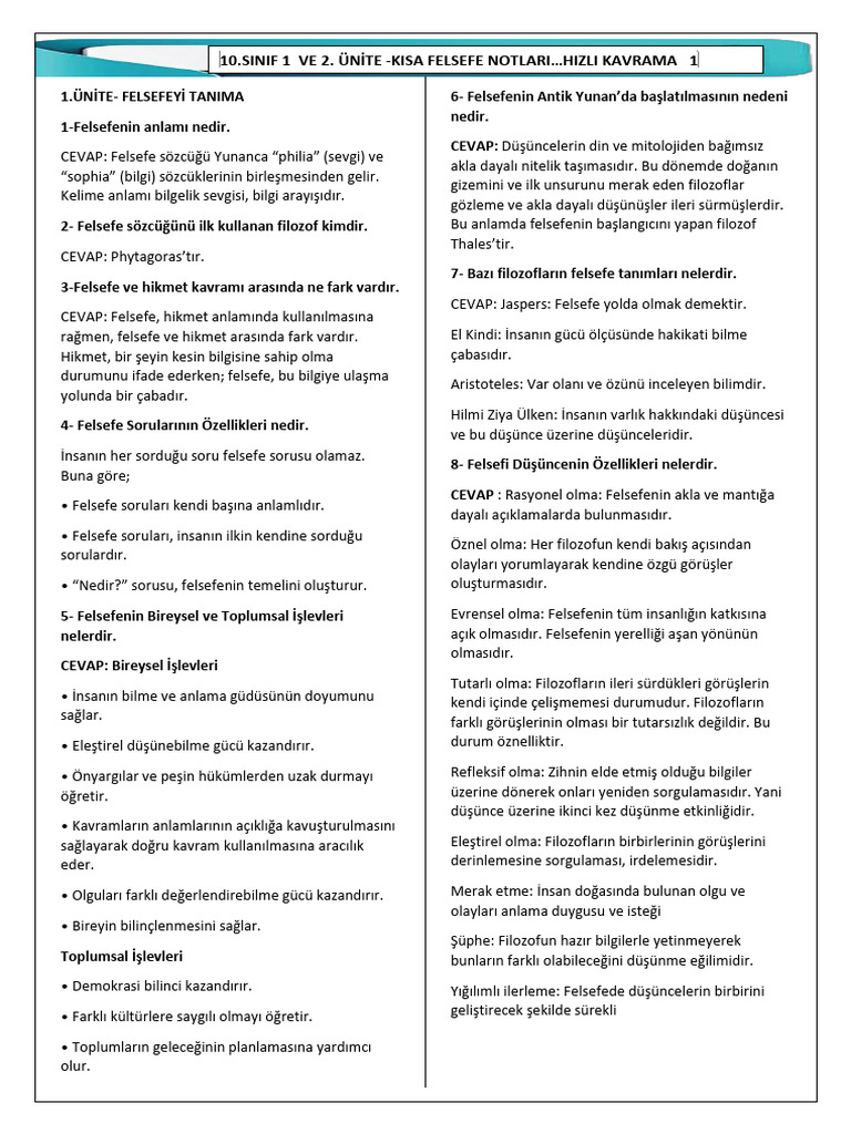 10.sinif Felsefe 1. Ve 2. Unite Ders Notlari | PDF