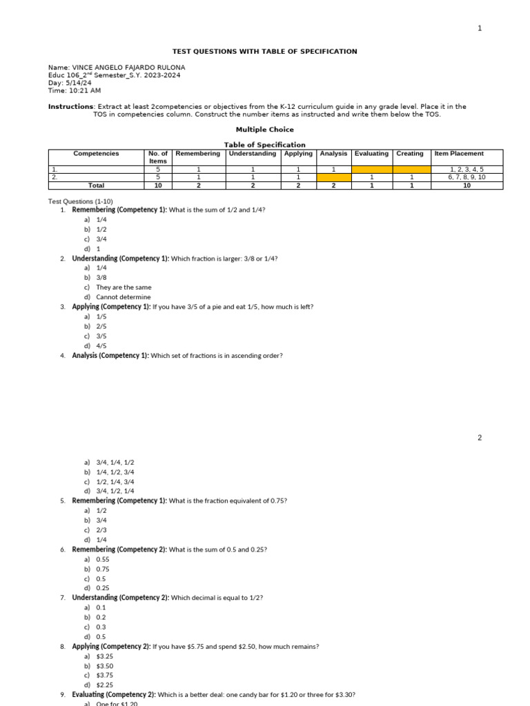 Test Questions With Table of Specification | PDF