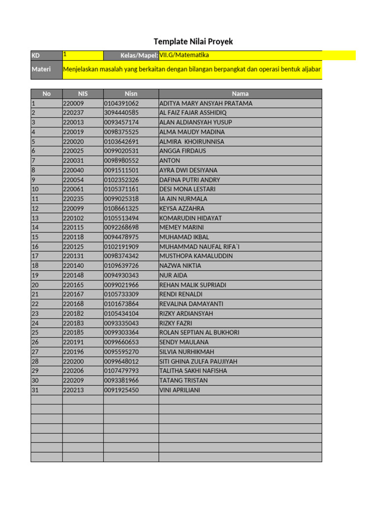 Template Nilai Proyek-VII.G-Matematika | PDF