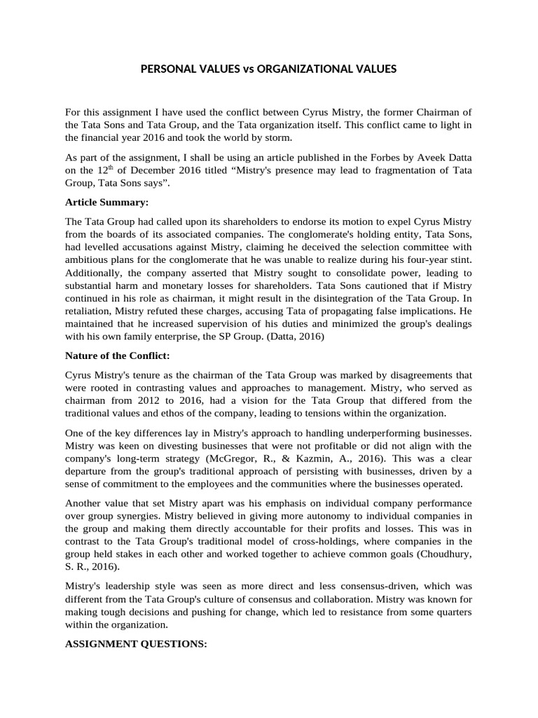 Personal Values Vs Organizational Values | PDF