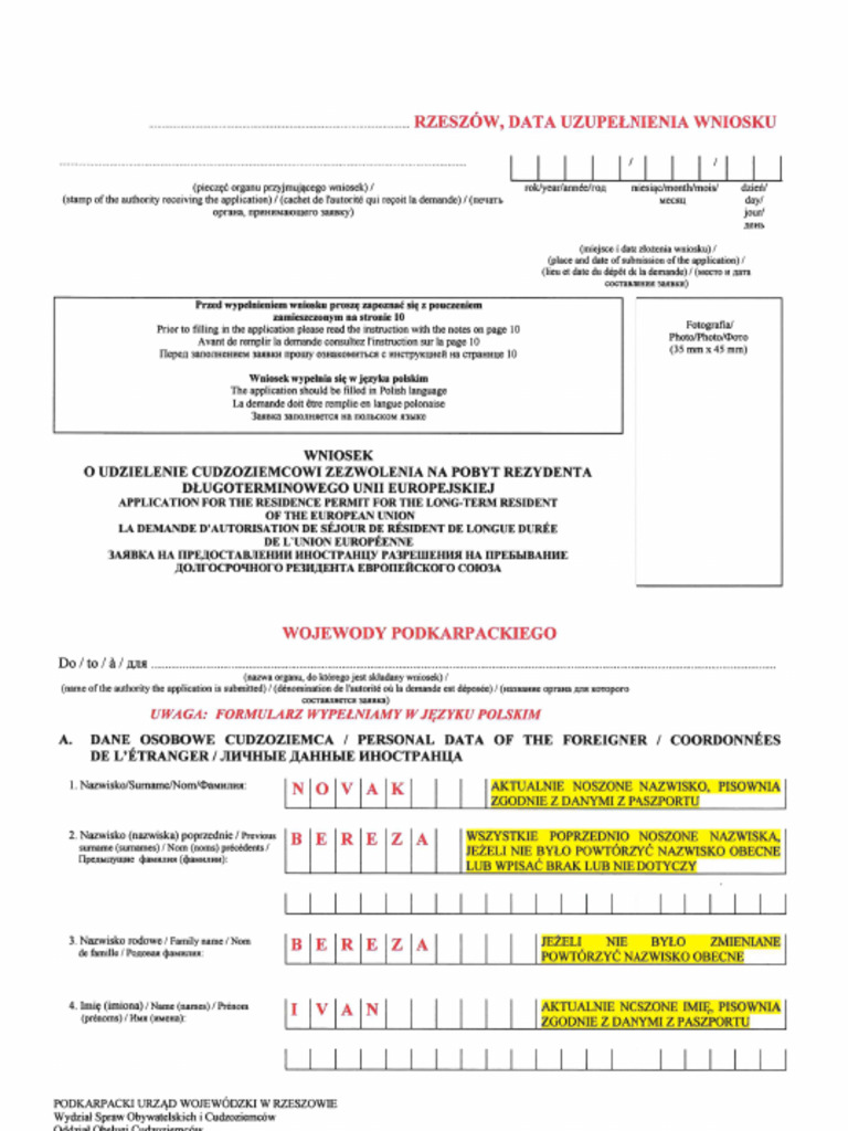 Wniosek o Udzielenie Zezwolenia Na Pobyt Rezydenta Dlugoterminowego UE PRZYKLAD WYPELNEINIA | PDF