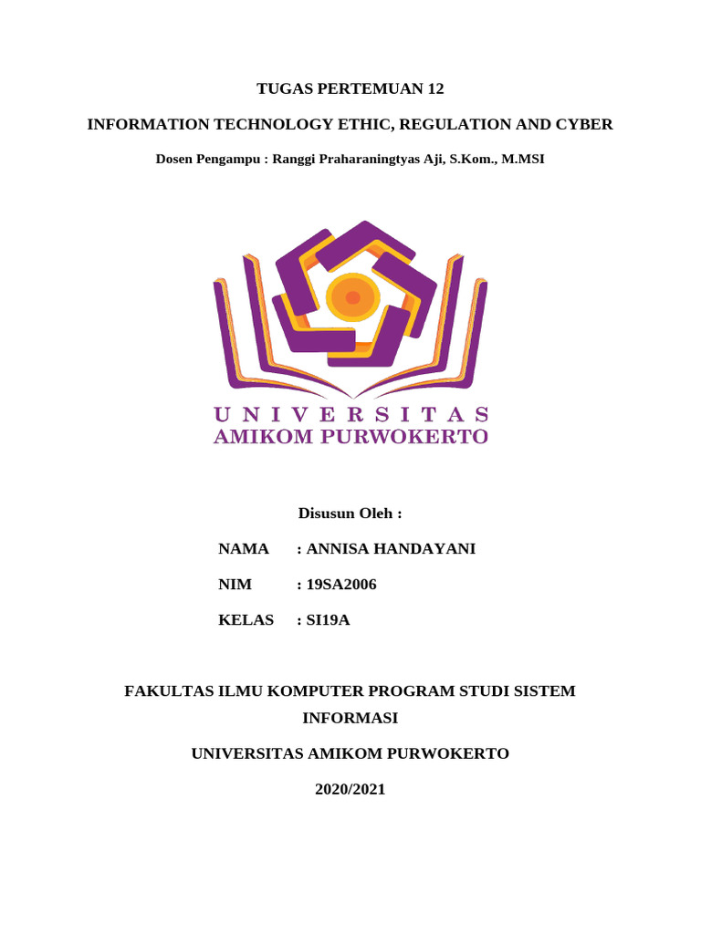 Tugas Pertemuan 12 Information Technology Ethic, Regulation and Cyber | PDF