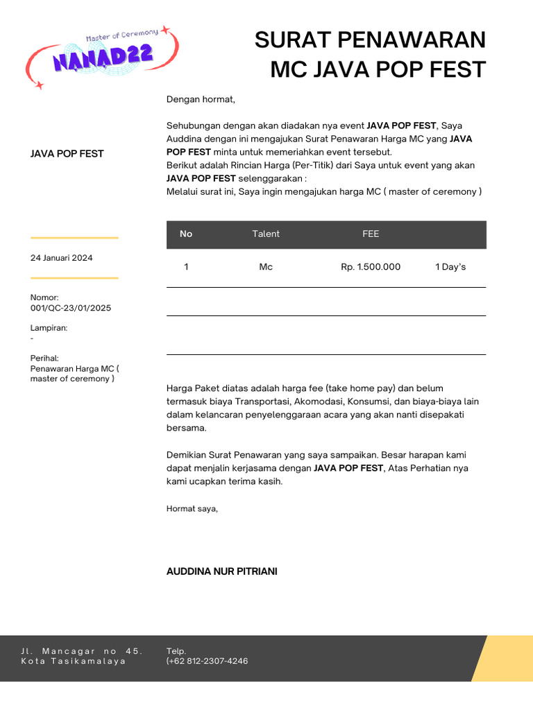Surat Penawaran Harga MC JPF | PDF