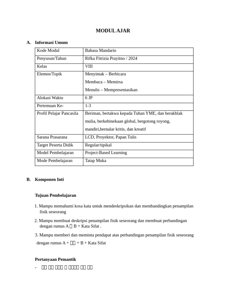 MODUL AJAR Mandarin Ganjil | PDF