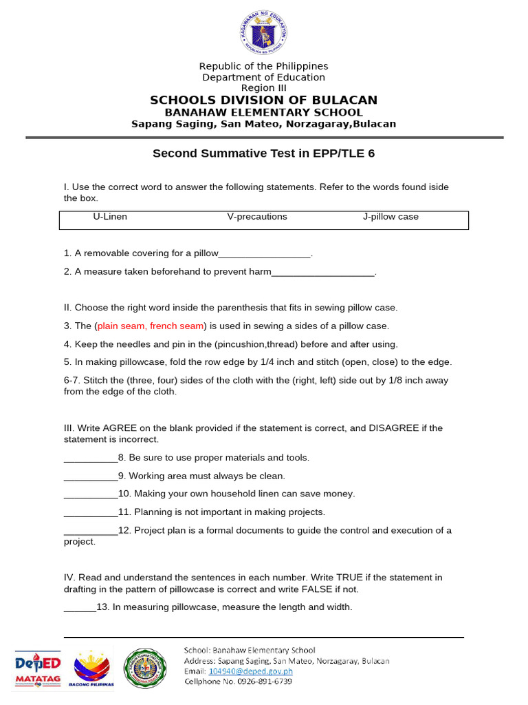 Tle Sewing Exam | PDF