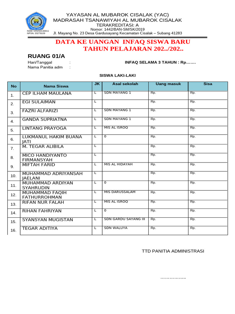DAFTAR PEMBAYARAN Infaq | PDF