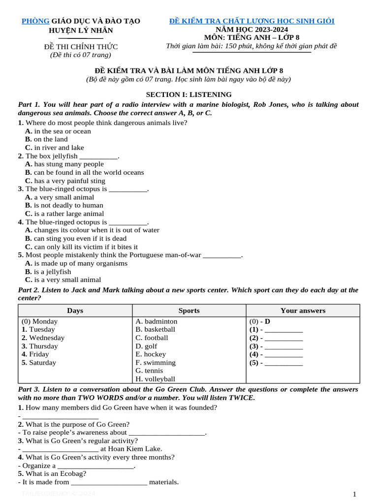 De Thi HSG Tieng Anh 8 Cap Huyen Ly Nhan Nam 2024 Co Dap An Va File Nghe | PDF