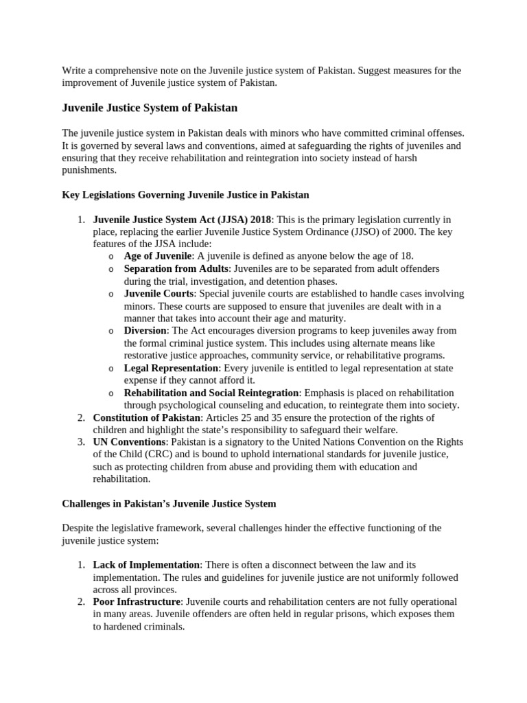 Write A Comprehensive Note On The Juvenile Justice System of Pakistan | PDF