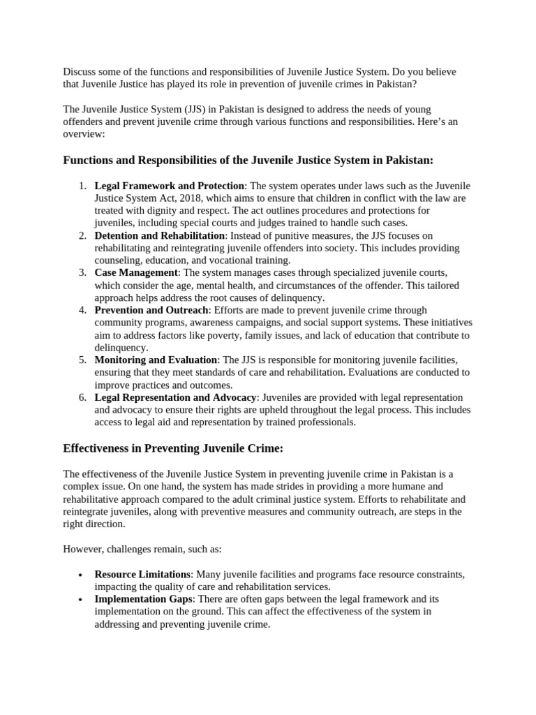 Functions of Pakistan's Juvenile Justice System | PDF | Juvenile ...