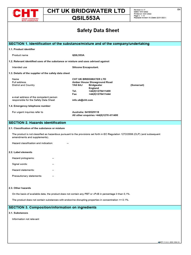 CHT Uk Bridgwater LTD QSIL553A: Safety Data Sheet | PDF