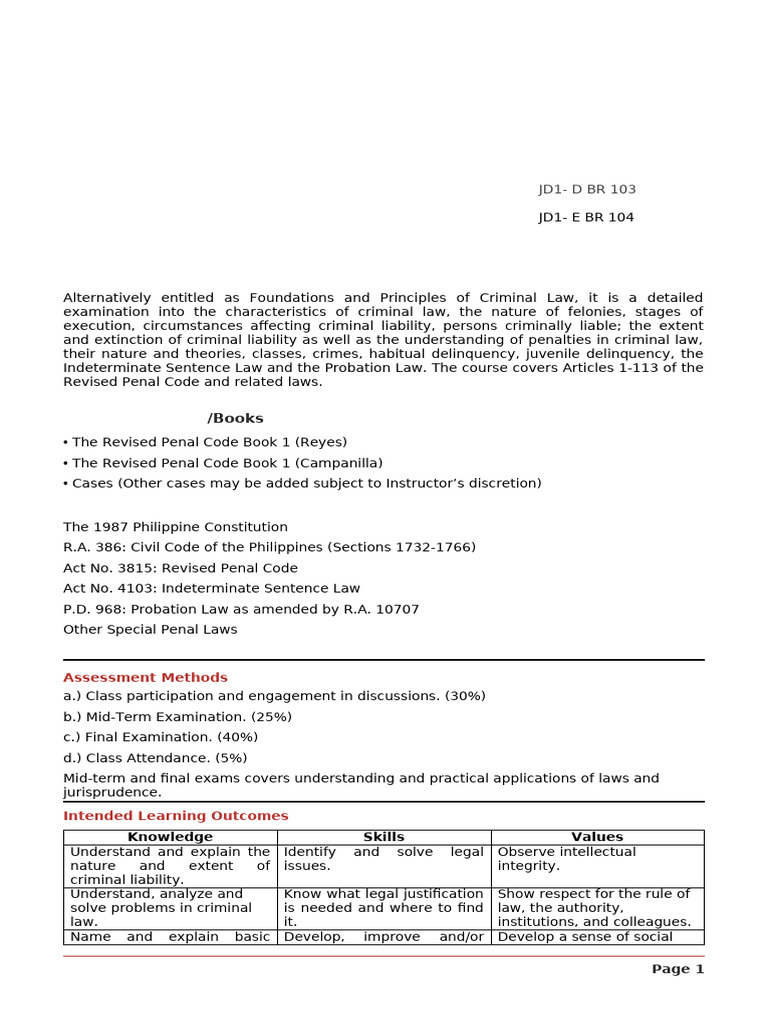 Criminal Law I Syllabus 2023 2024 1 | PDF