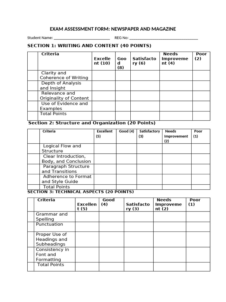 Exam Assessment Form | PDF | Text | Written Communication