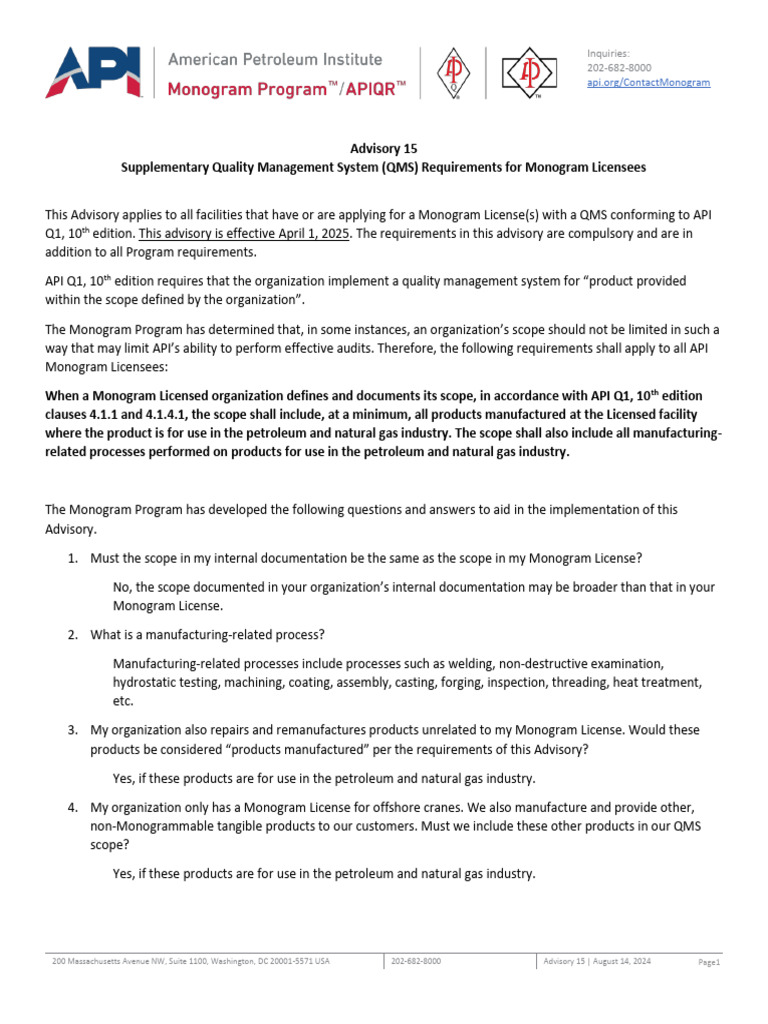 Advisory 15 - Supplementary QMS Requirements For Monogram Licensees | PDF