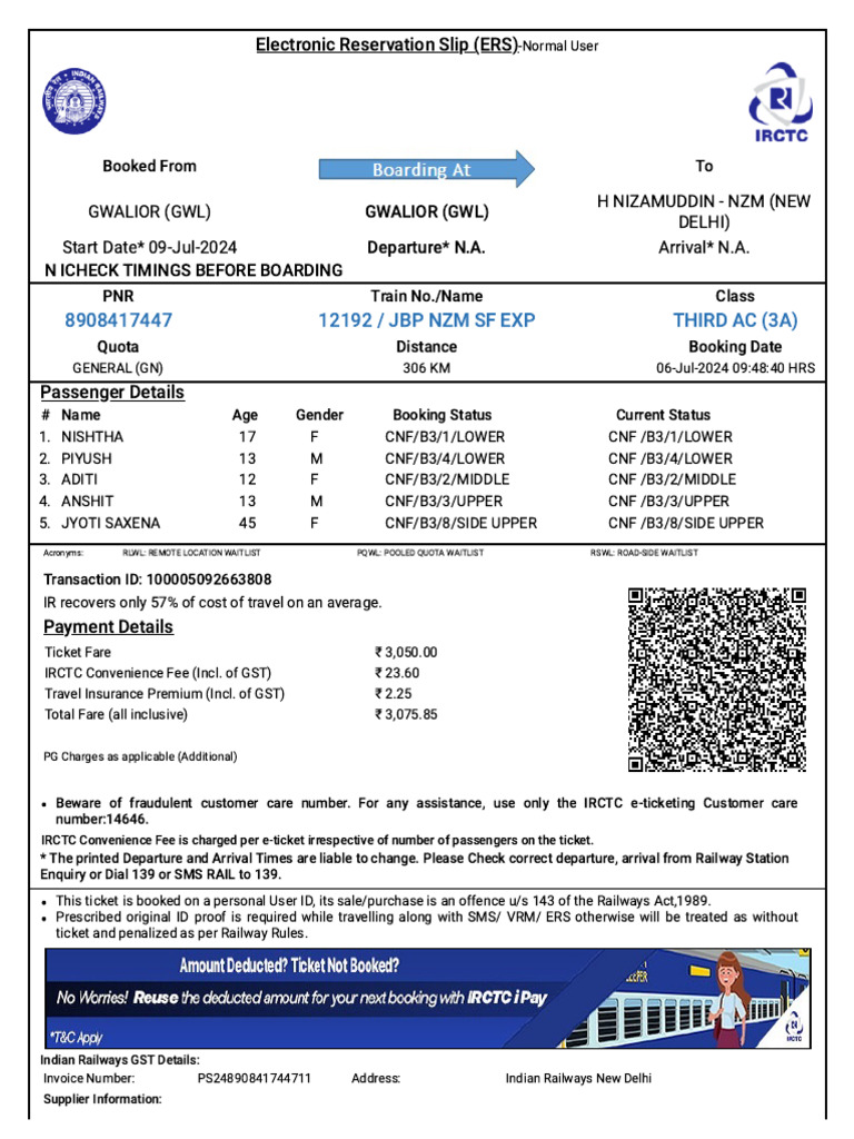 JBP NZM SF Exp Third Ac (3A) : Electronic Reservation Slip (ERS) | PDF