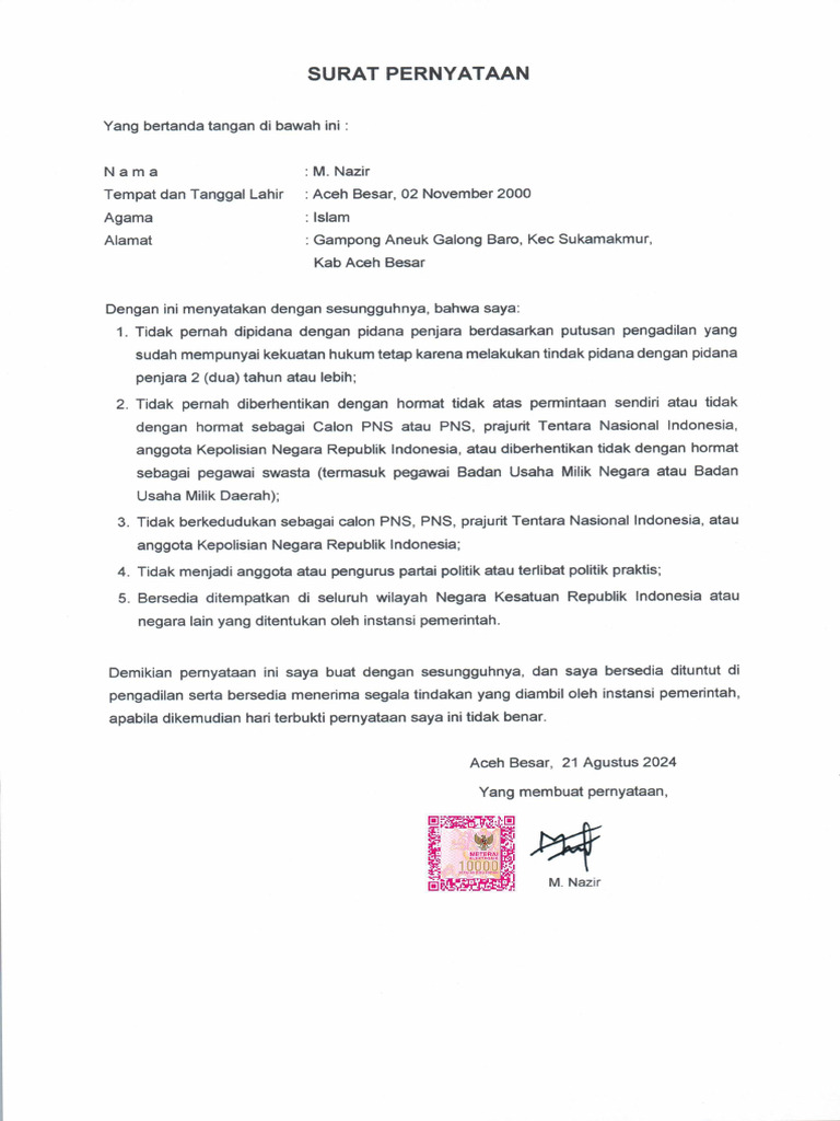 Final Surat Pernyataan 5 Poin M. Nazir | PDF