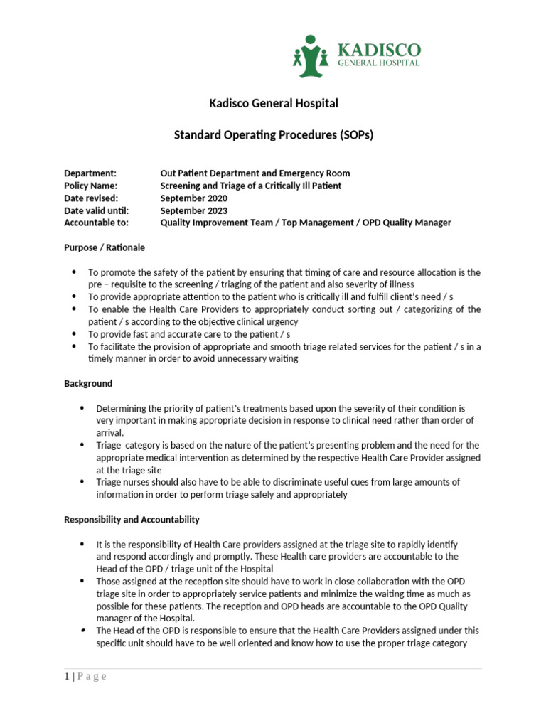 KGH SOP Triag of A Critical Patient | PDF