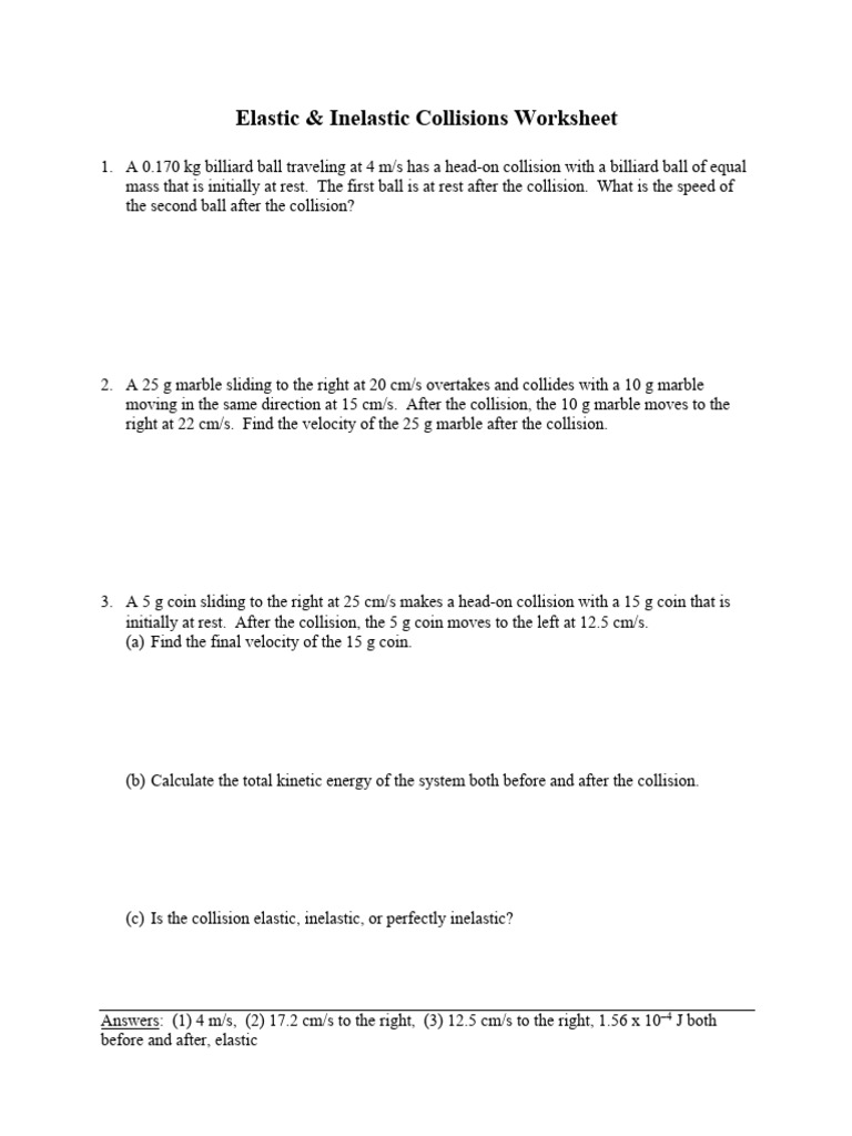 Elastic & Inelastic Collisions Worksheet | PDF