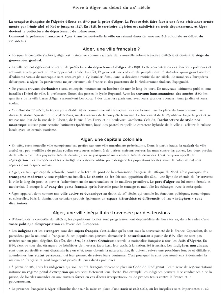 1ST2S Histoire Vivre A Alger Au Debut Du Xxe Siecle | PDF