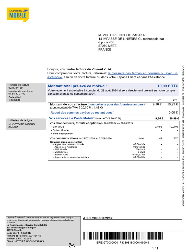Facture de Telephone Mois Aout 2024 | PDF