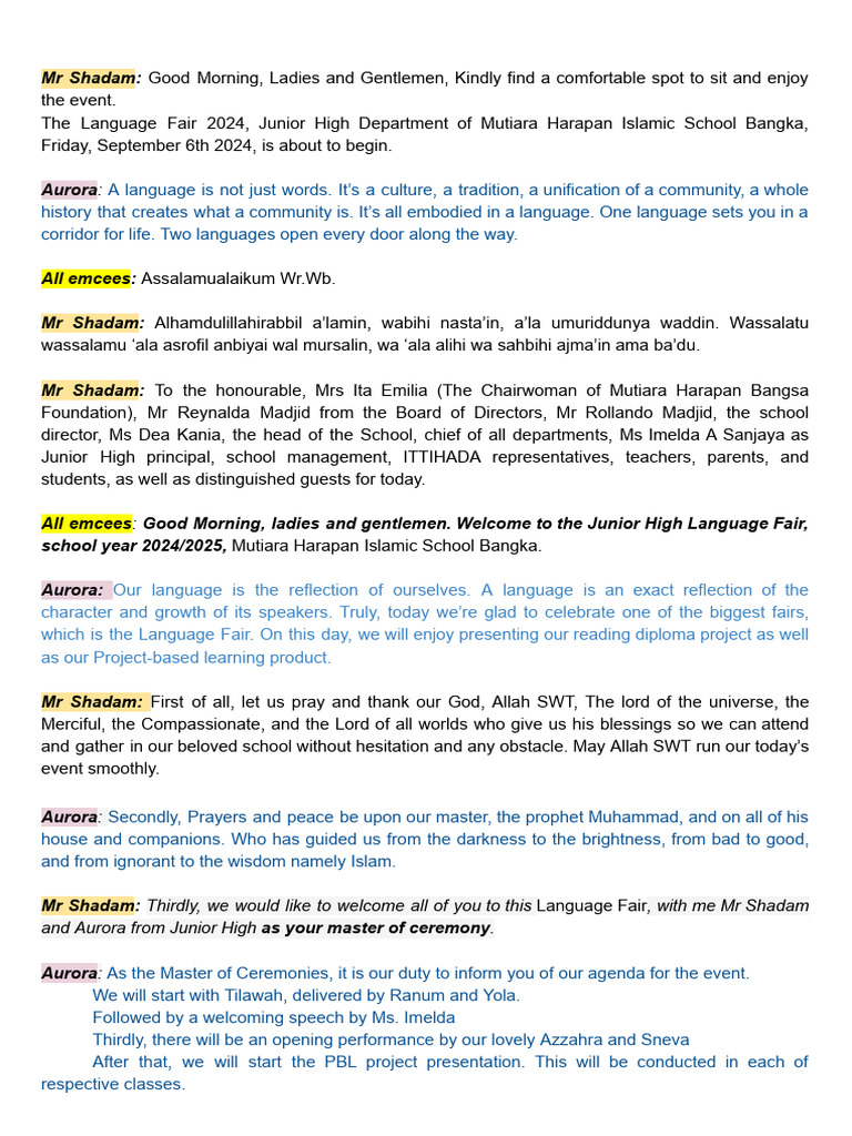 Emcee Script of JH Language Fair 24 - 25 MHISB | PDF