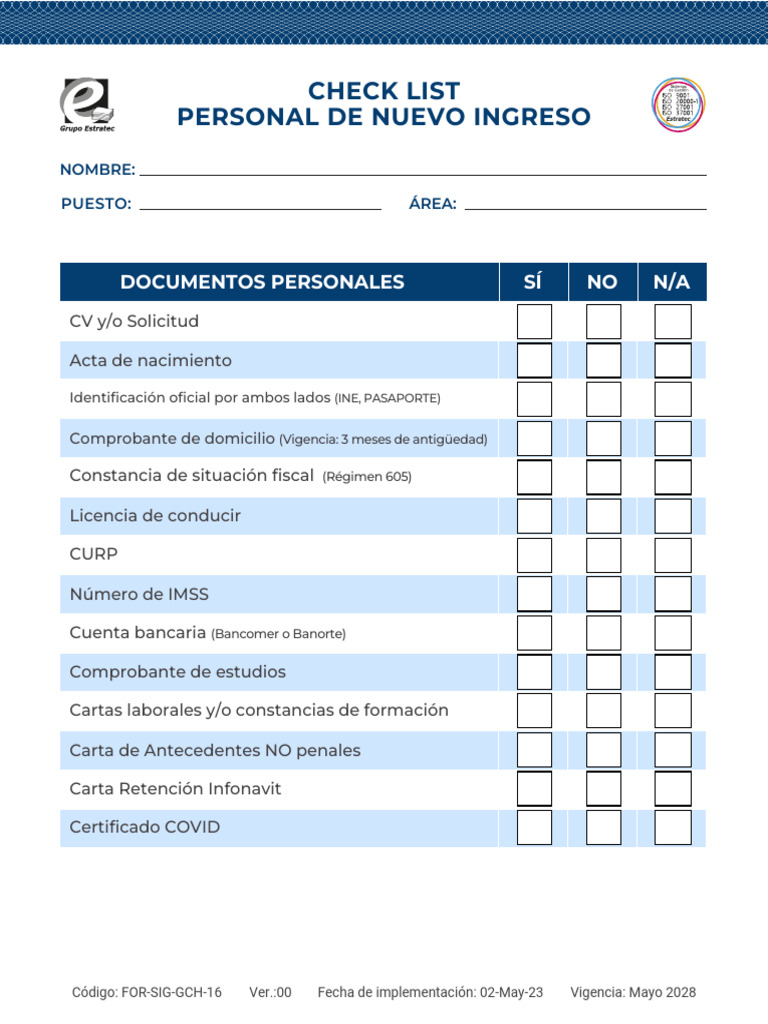 For-SIG-GCH-16 Check List Nuevo Ingreso Ver. 00 | PDF