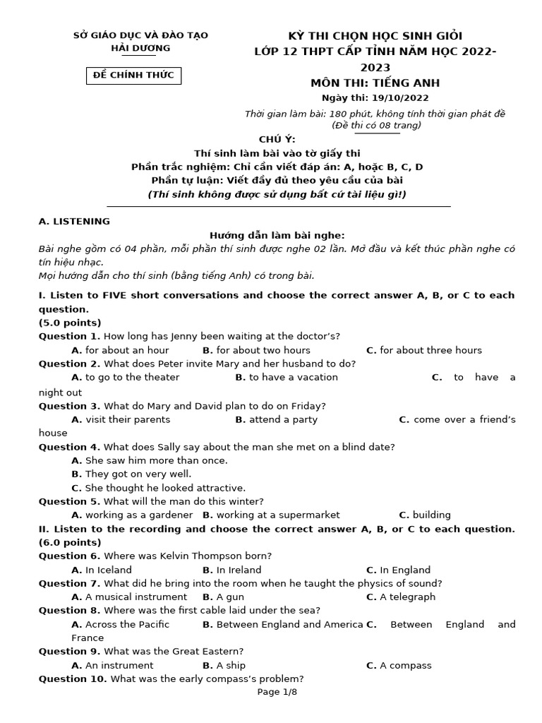 1. Tiếng Anh HSG12 -Final | PDF