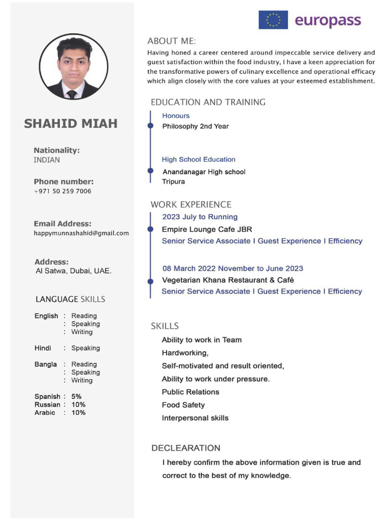 Europass CV - SHAHID MIA | PDF