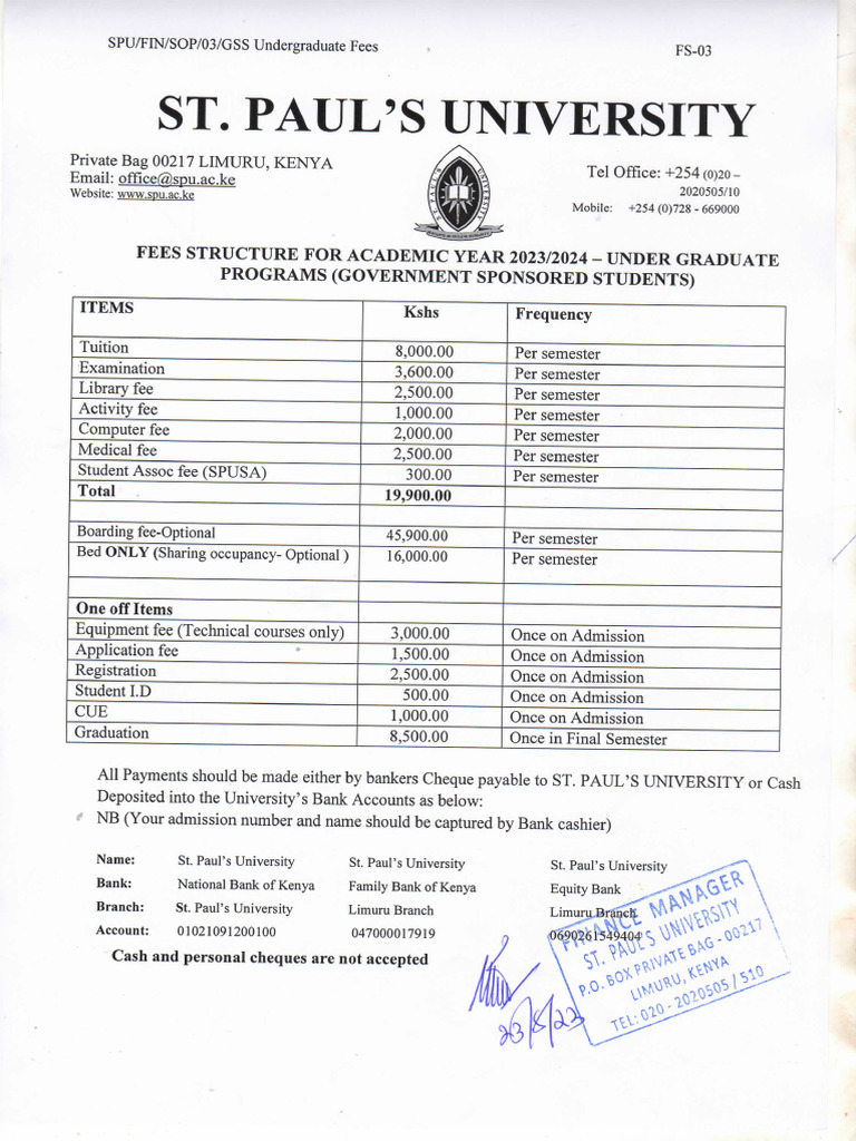 Fee Structure For Undergraduate KUCCPS | PDF