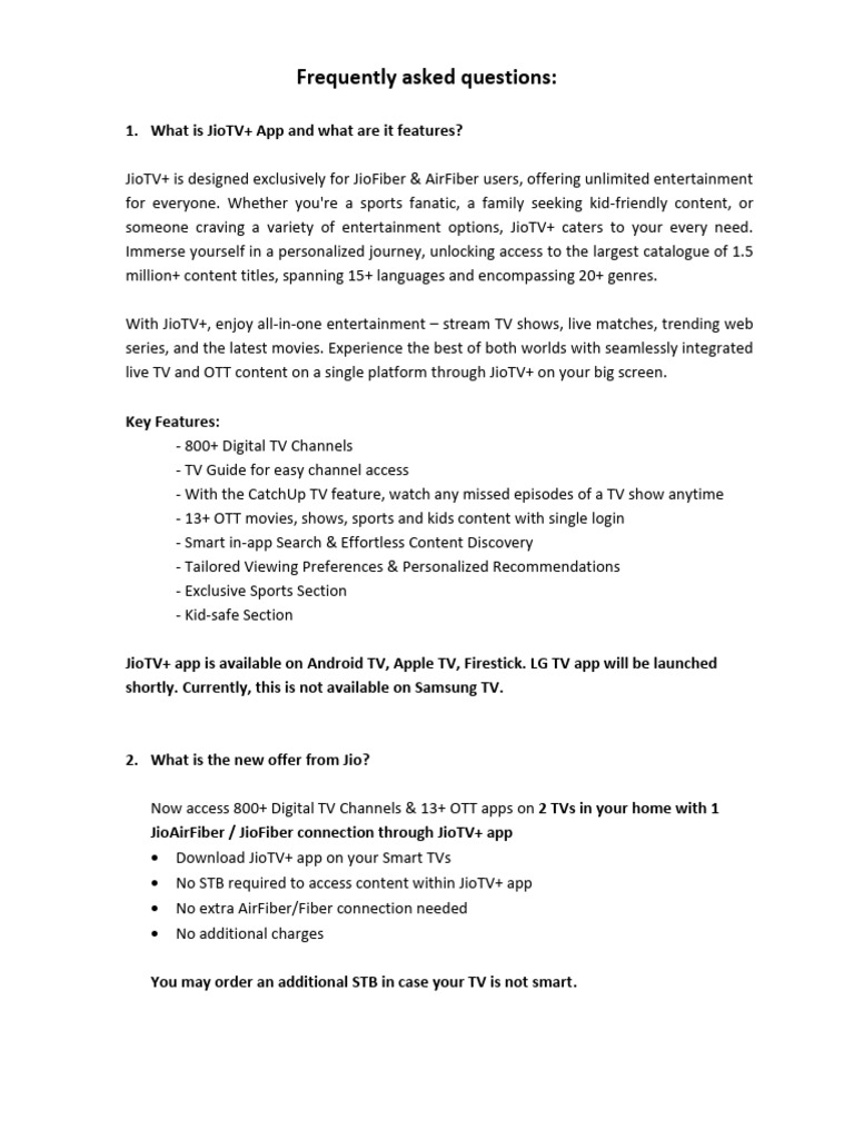 FAQs - JioTV+ App On smartTV | PDF | Mobile App | Information Appliances