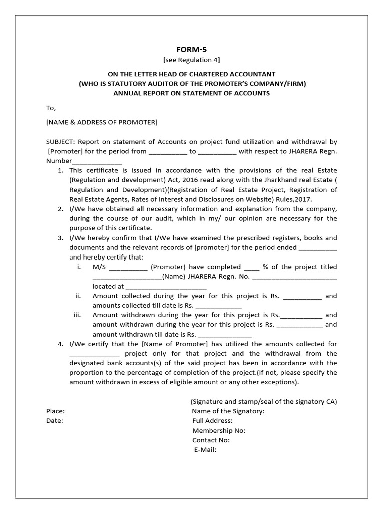 Annual Repost Form of RERA | PDF