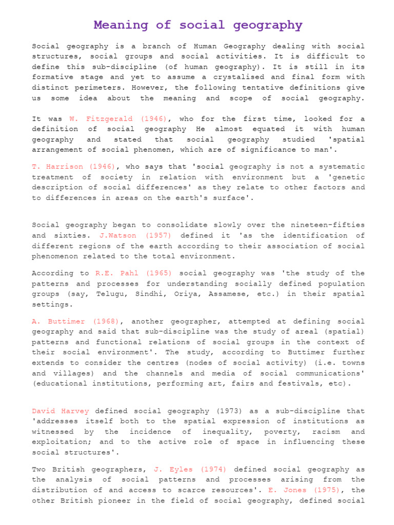 Meaning of Social Geography: W. Fitzgerald (1946) | PDF
