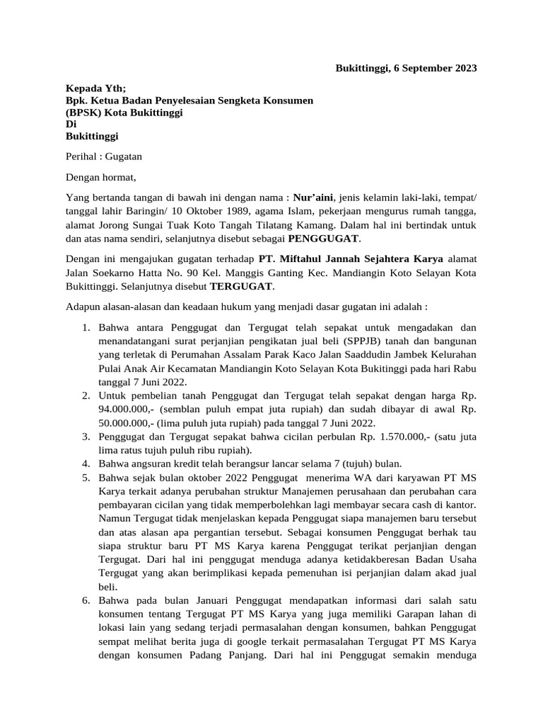 Contoh SURAT GUGATAN KE BPSK NUR'AINI | PDF
