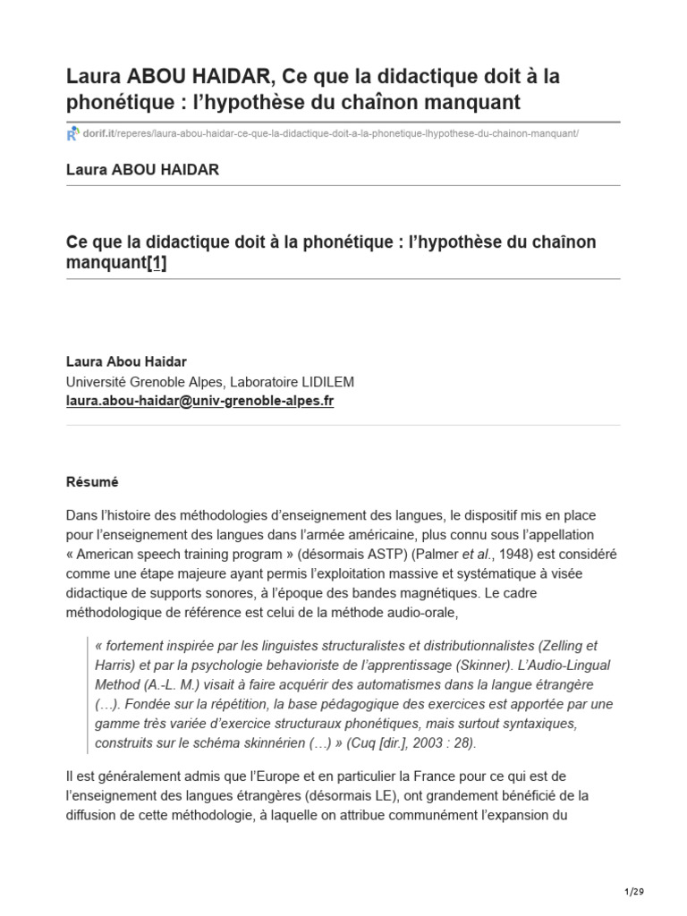 Dorif - It-Laura ABOU HAIDAR Ce Que La Didactique Doit À La Phonétique Lhypothèse Du Chaînon ...