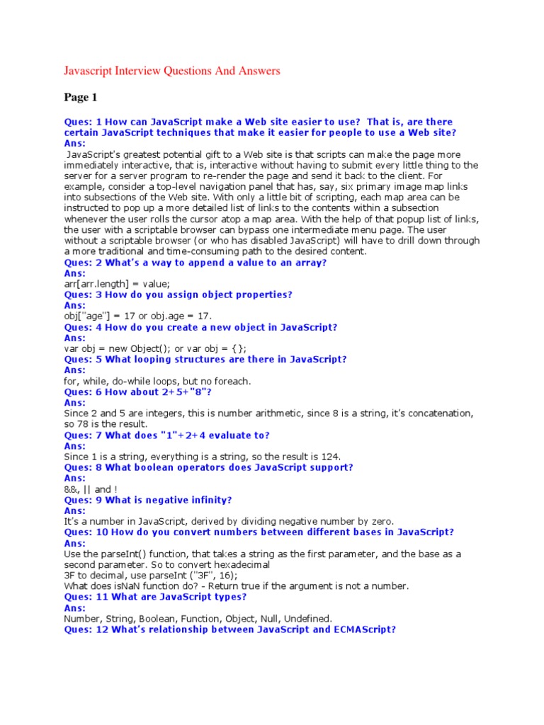 Javascript Interview Questions And Answers Pdf Java Script