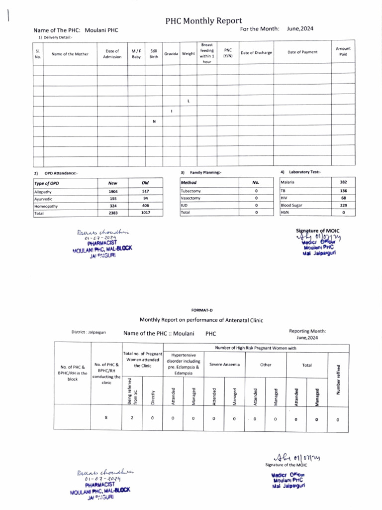 PHC Monthly Report & Antenatal Clinic Report-June, 2024-Moulani PHC | PDF