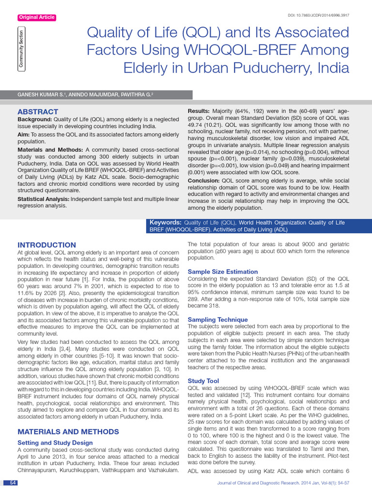 Quality of Life (QOL) and Its Associated Factors Using WHOQOL-BREF Among Elderly in Urban ...