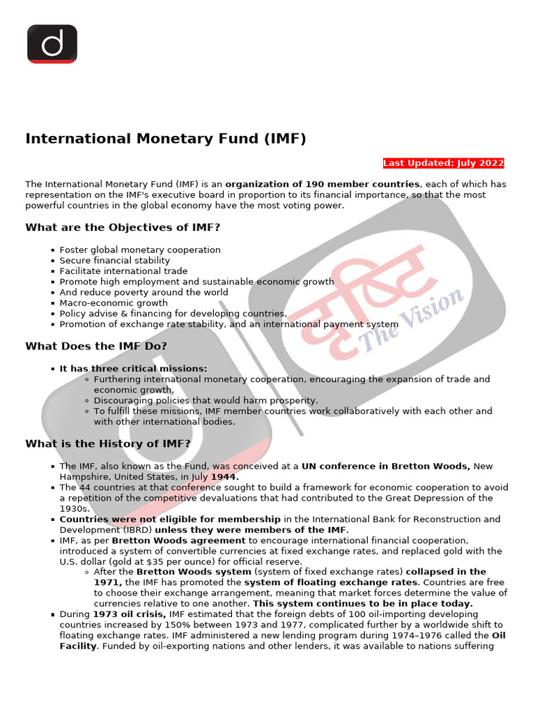 International Monetary Fund (IMF) : What Are The Objectives of IMF? | PDF