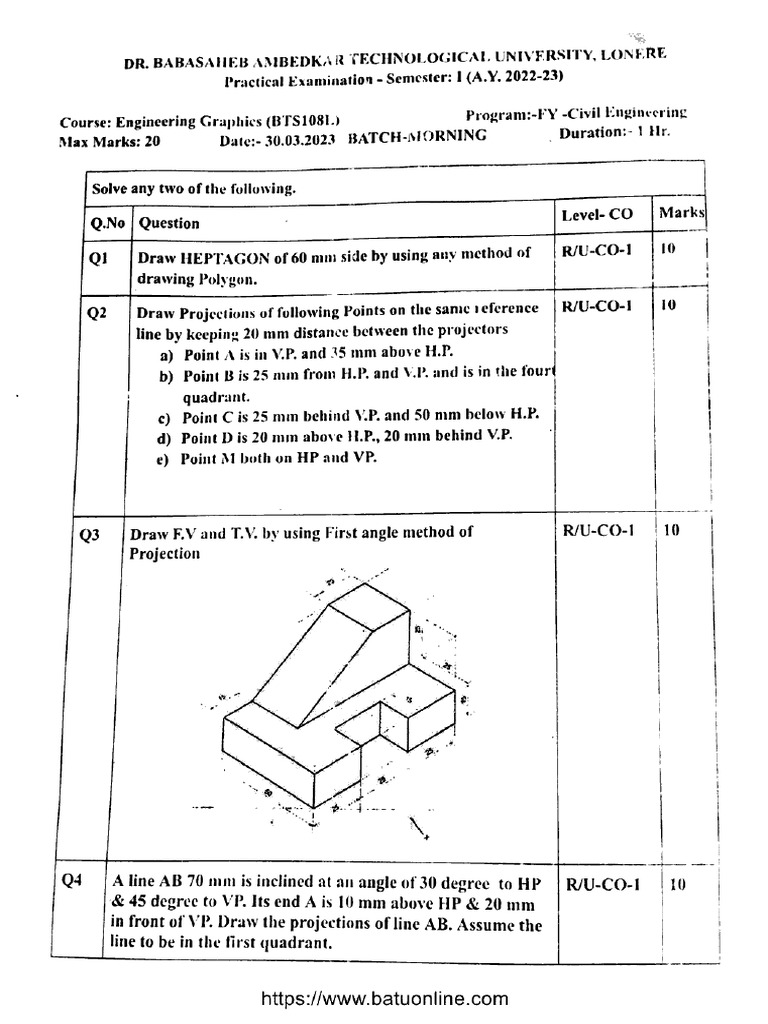 Btech 1 Year Engineering Graphics Bts108l Mar 2023 | PDF
