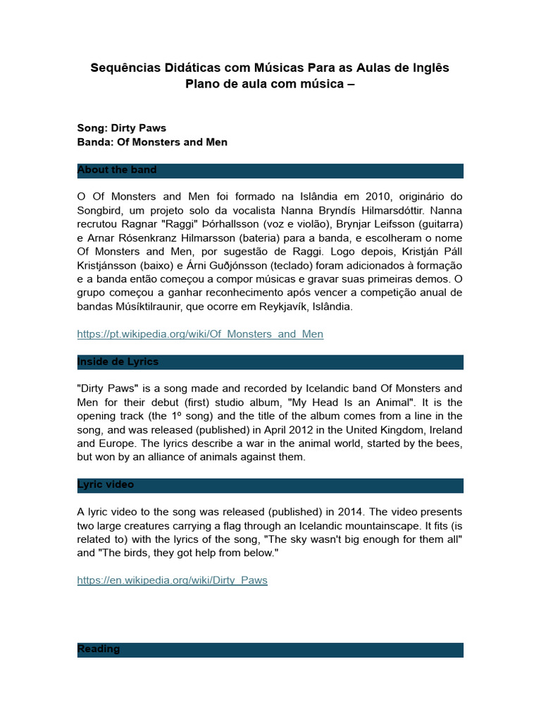 Sequências Didáticas Com Músicas para As Aulas de Inglês | PDF