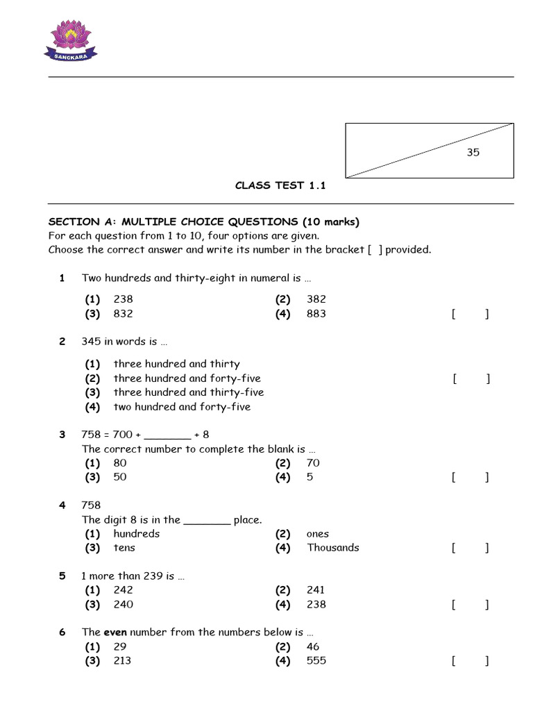 Class Test Math For p2 Term 1-1 | PDF