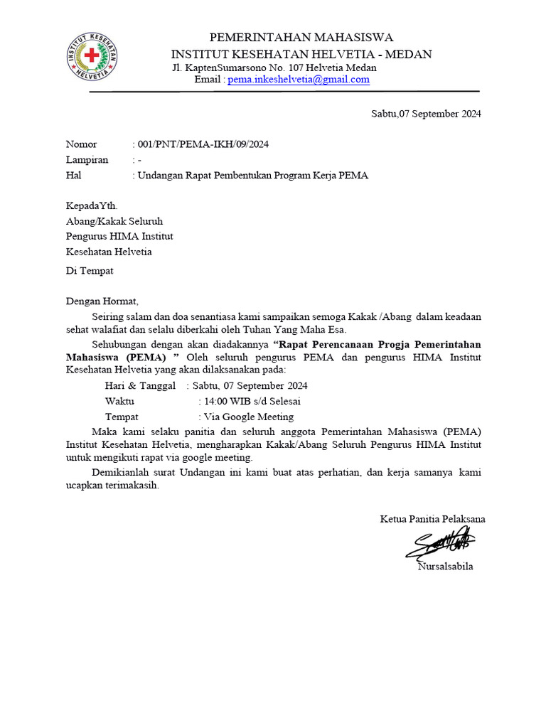 Surat Undangan Rapat HIMA IKH | PDF