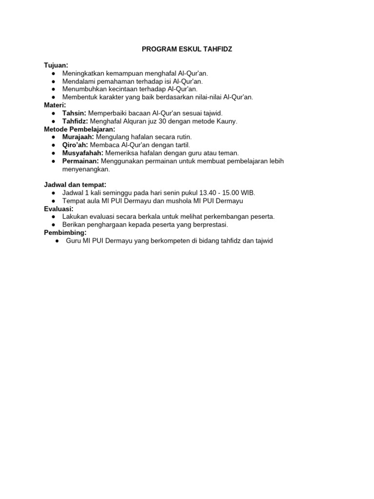 Program Ekskul Tahfidz | PDF
