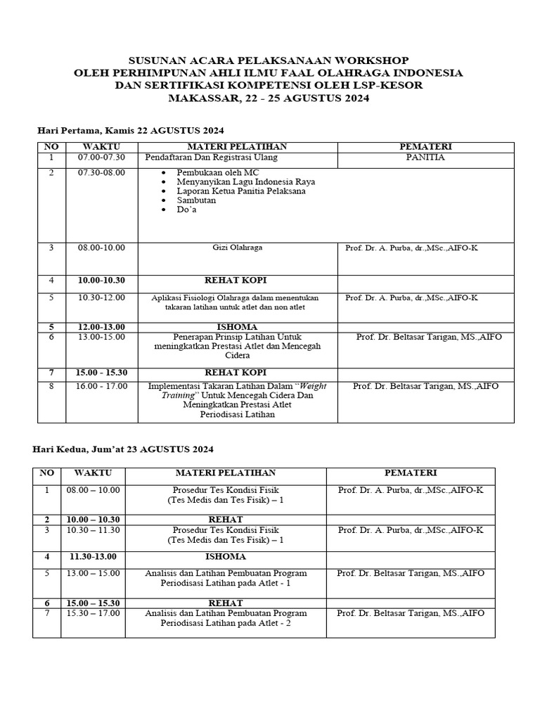 RUNDOWN WORKSHOP DAN UJI KOMPETENSI AIFO 2023 | PDF