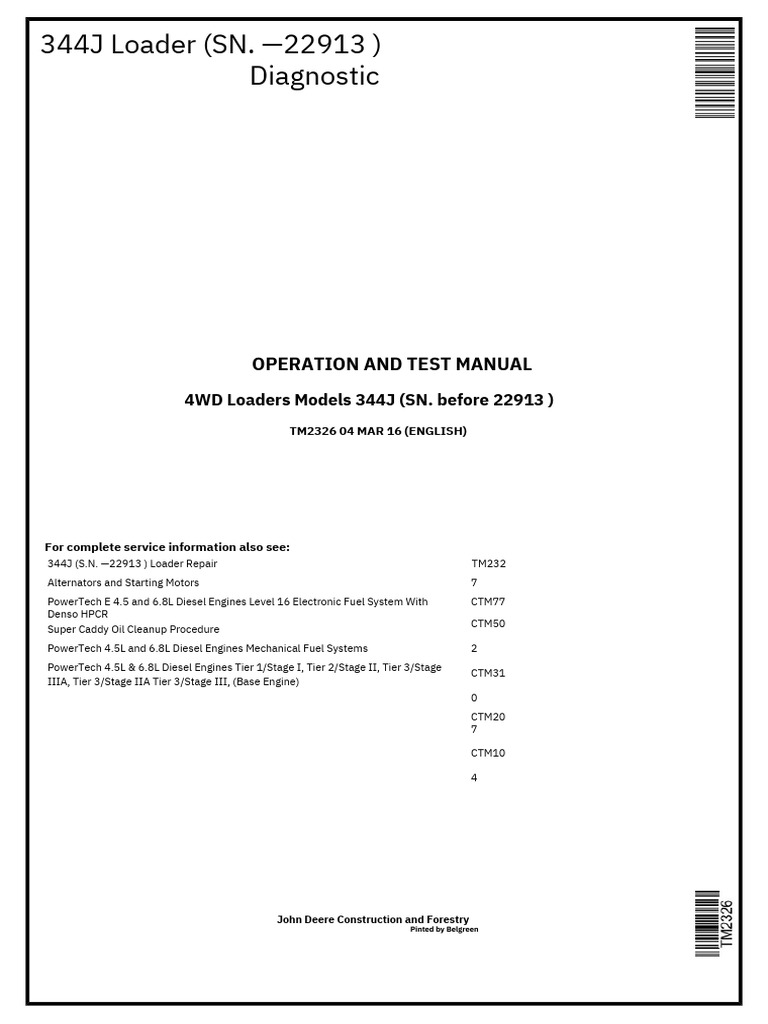 John Deere 344J 4WD Loader Diagnostic, Operation and Tests Service ...