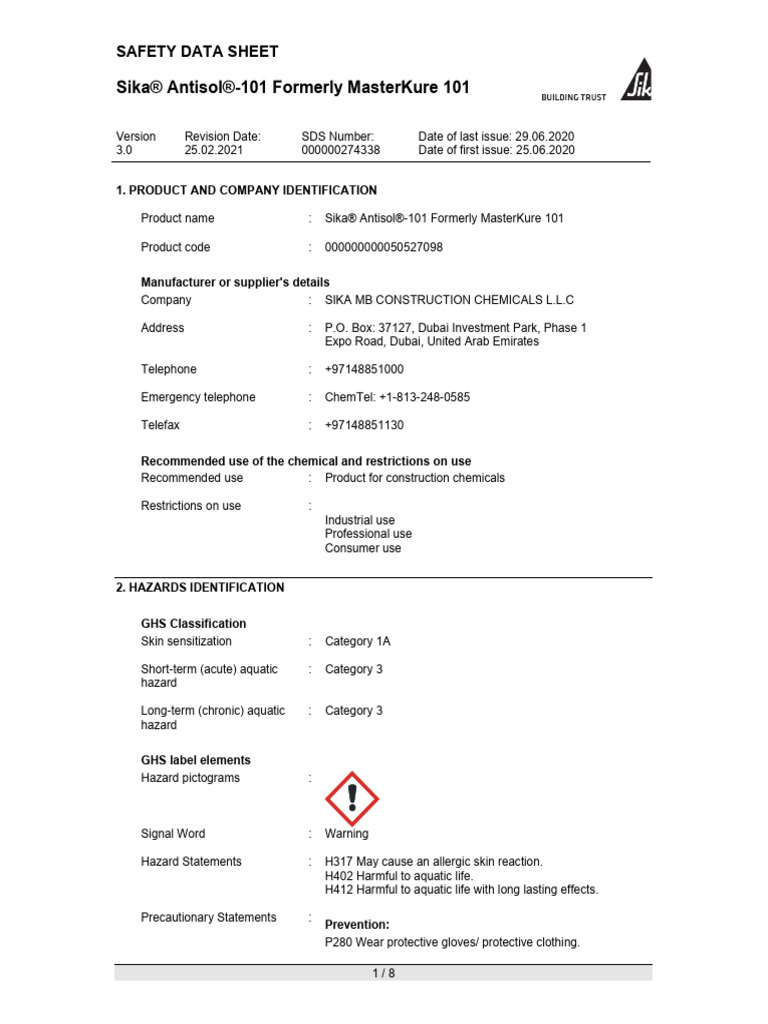 MSDS-Sika® Antisol®-101 Formerly MasterKure 101 | PDF | Occupational Safety And Health | Safety
