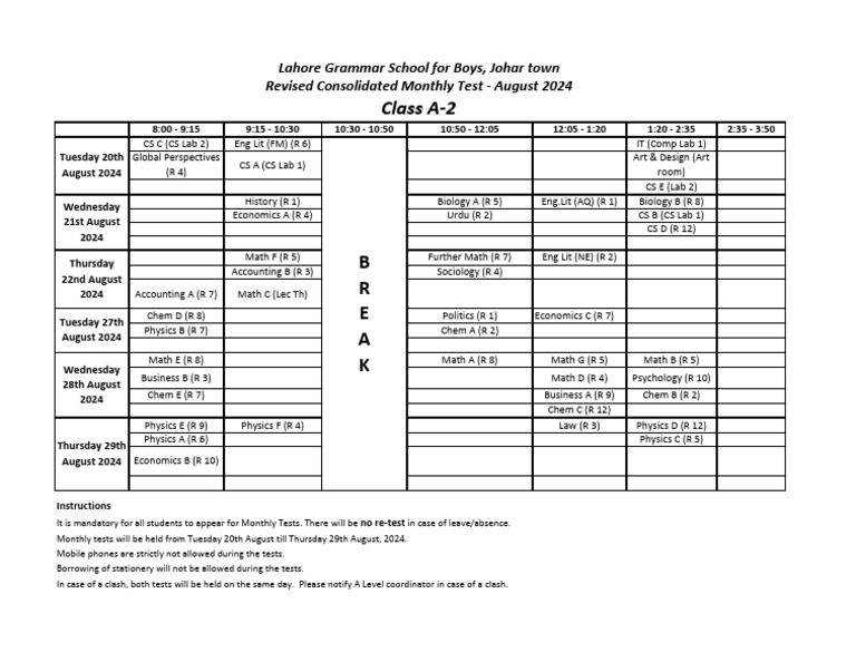 Revised Consolidated Monthly Test Schedule A2 August | PDF